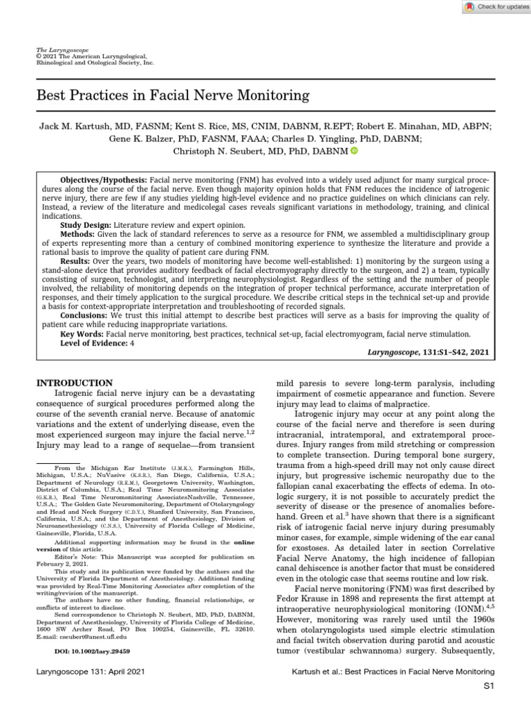 Best Practices in Facial Nerve Monitoring - Kartush 2021 | PDF ...