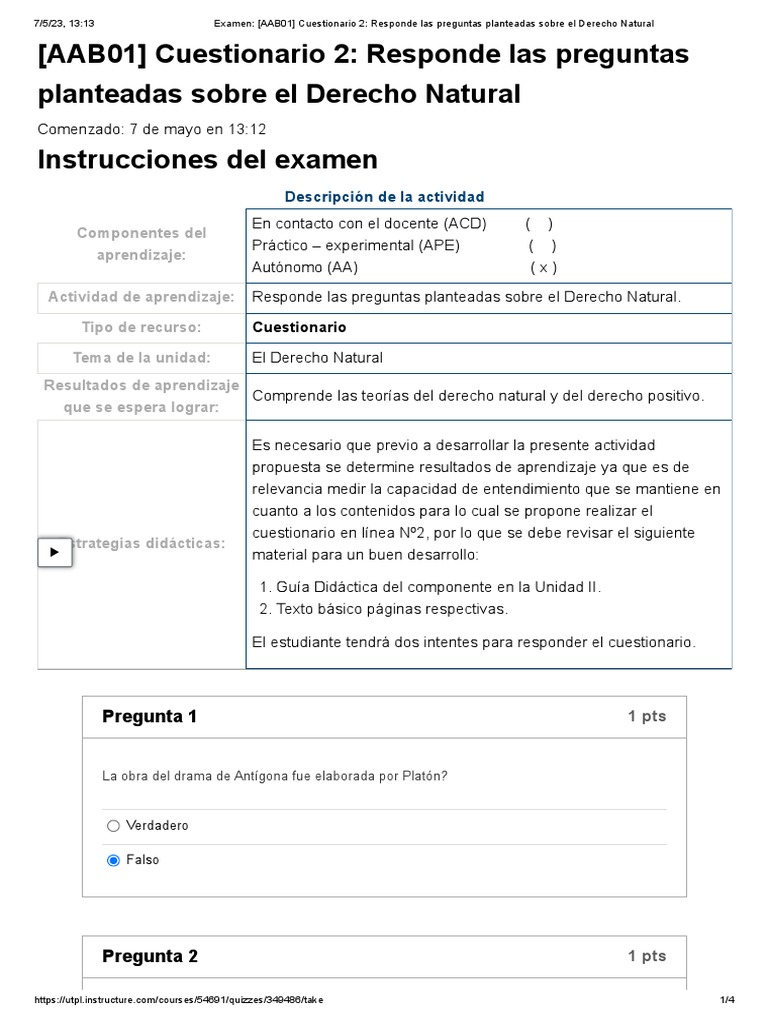 Examen - (AAB01) Cuestionario 2 - Responde Las Preguntas Planteadas Sobre El Derecho Natural PDF ...