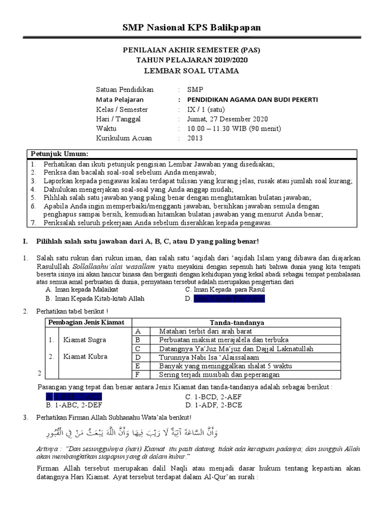 SOAL PAS PAI 9 Smt 1 | PDF