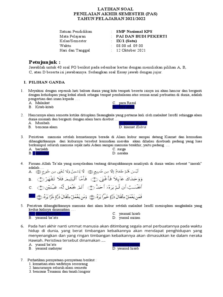 Latihan Soal PAS 1 PAI Kelas 9 | PDF