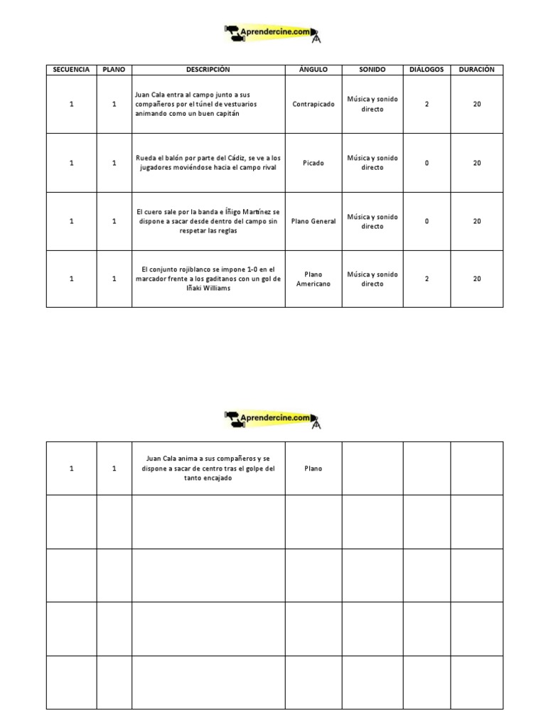 Plantilla Guion Tecnico Audiovisual Aprendercine | PDF