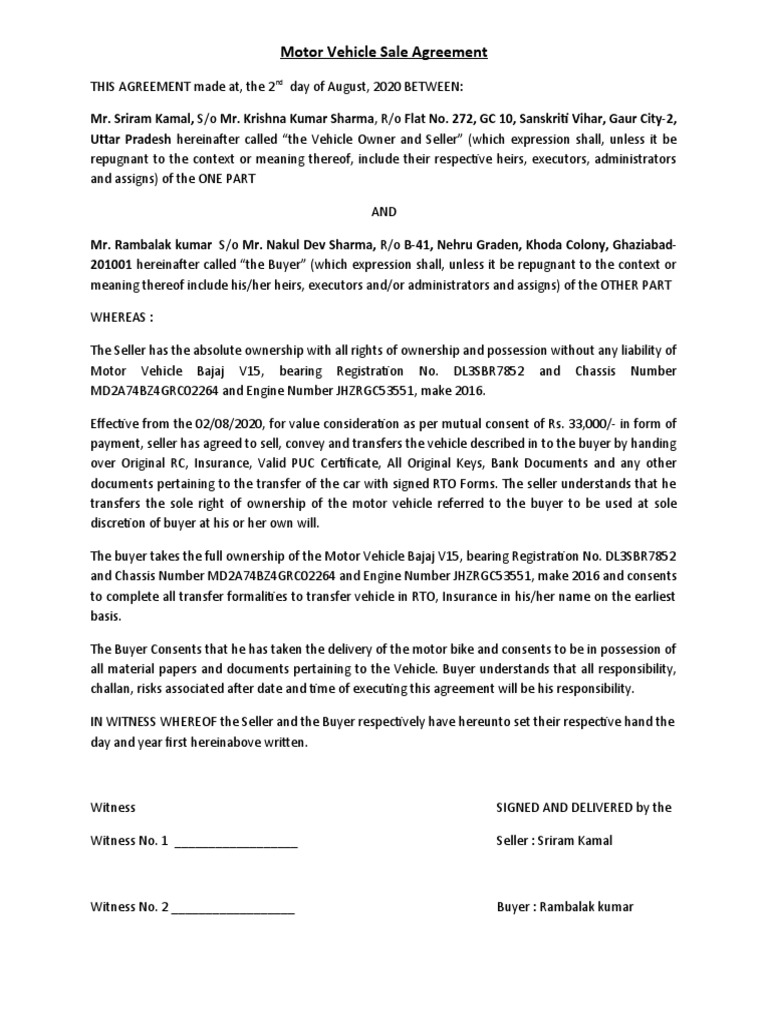 Bike Sale Agreement-1 | PDF