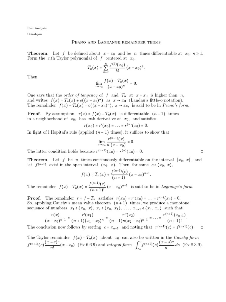Lagrange Remainder PDF | PDF | Real Analysis | Mathematical Objects