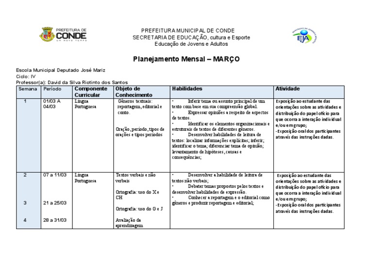 PLANO DE AULA MENSAL-abril - EJA-ciclo-04 | PDF