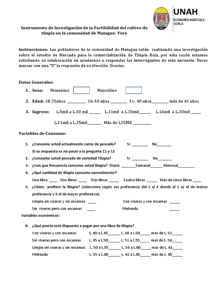 Encuesta sobre el consumo de tilapia en Matagua | PDF