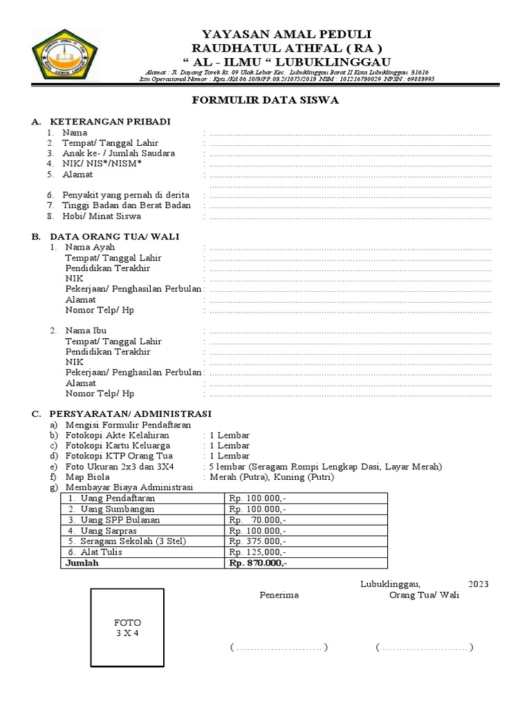 FORMULIR PENDAFTARAN RA AL ILMU.docx | PDF