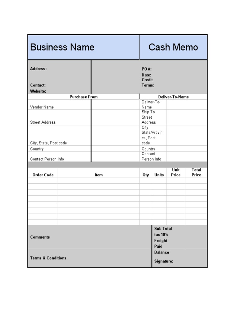 Cash Memo Template Format Guide | PDF