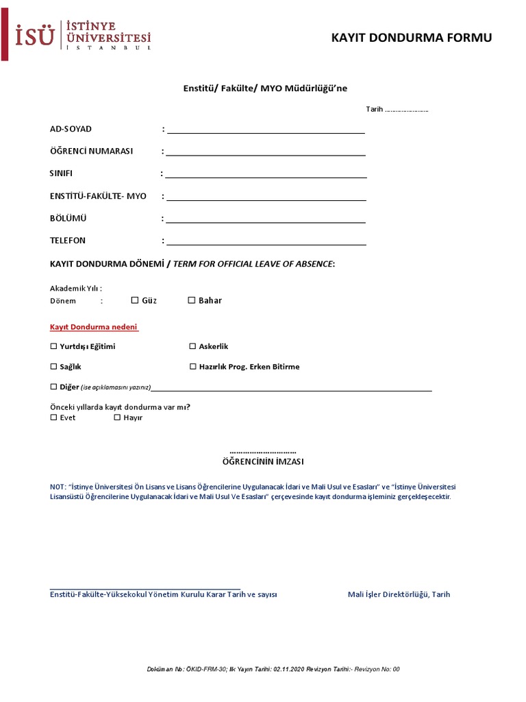 ÖKID-FRM-30 Kayıt Dondurma Formu PDF | PDF