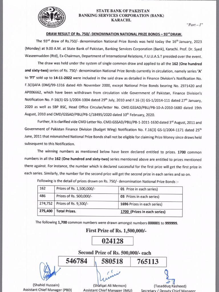 Result of 93rd Draw of Rs.750 Denomination | PDF