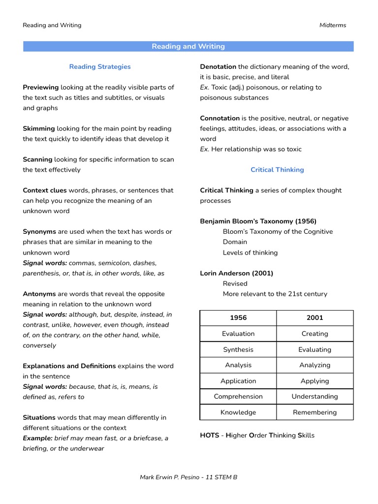 Reading and Writing Strategies Guide | PDF