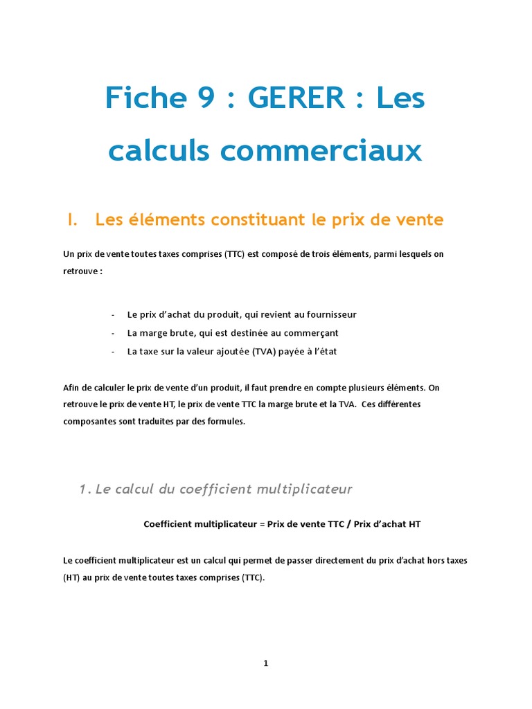 Bac Fiche 9 Gerer Les Calculs Commerciaux T Ba | PDF | Finance et gestion monétaire