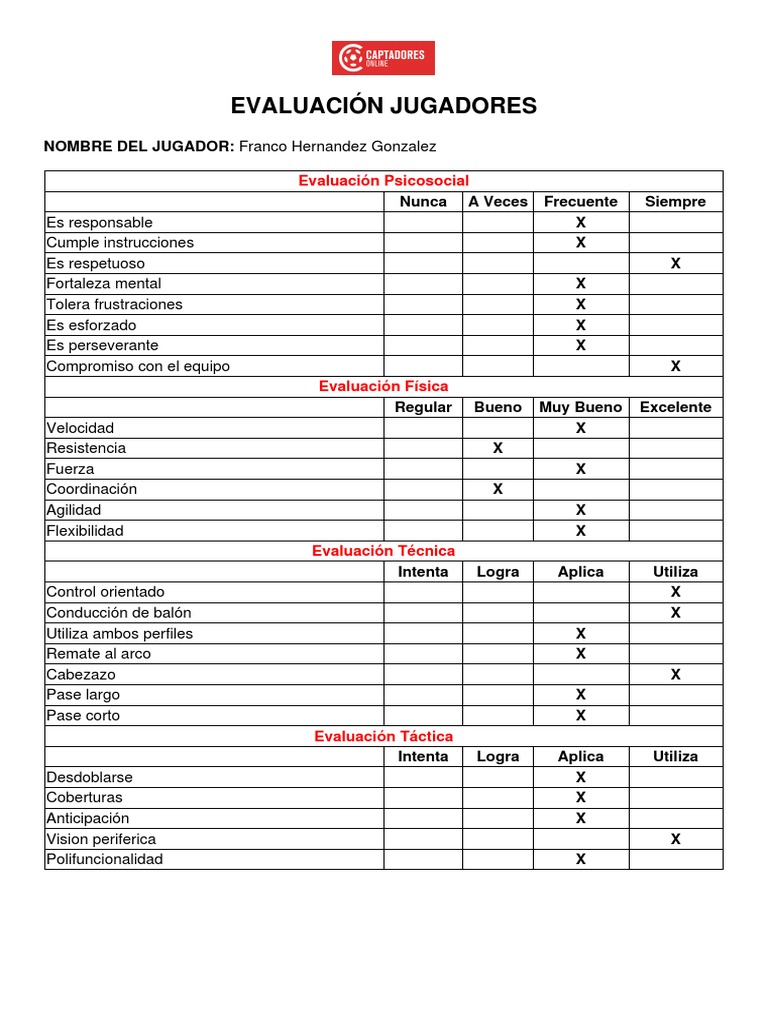 Evaluacion Del Jugador 31 - 01 - 2023 | PDF