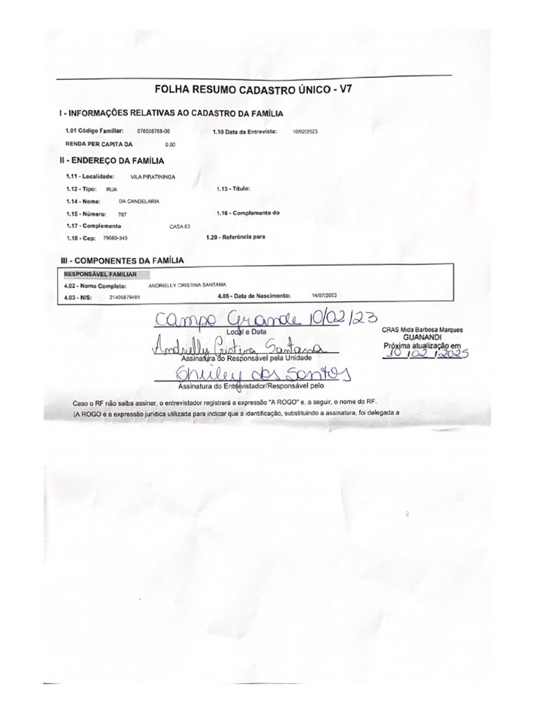 Folha Resumo Cadastro Único - V7 PDF | PDF