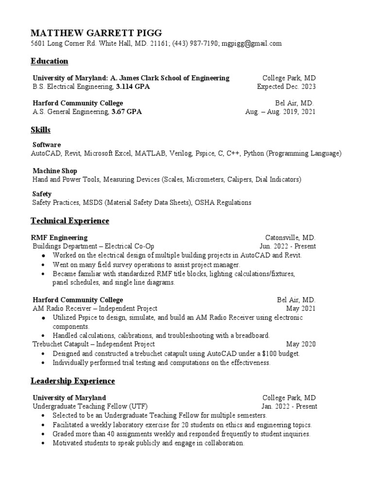 Matthew Pigg's Engineering Resume | PDF