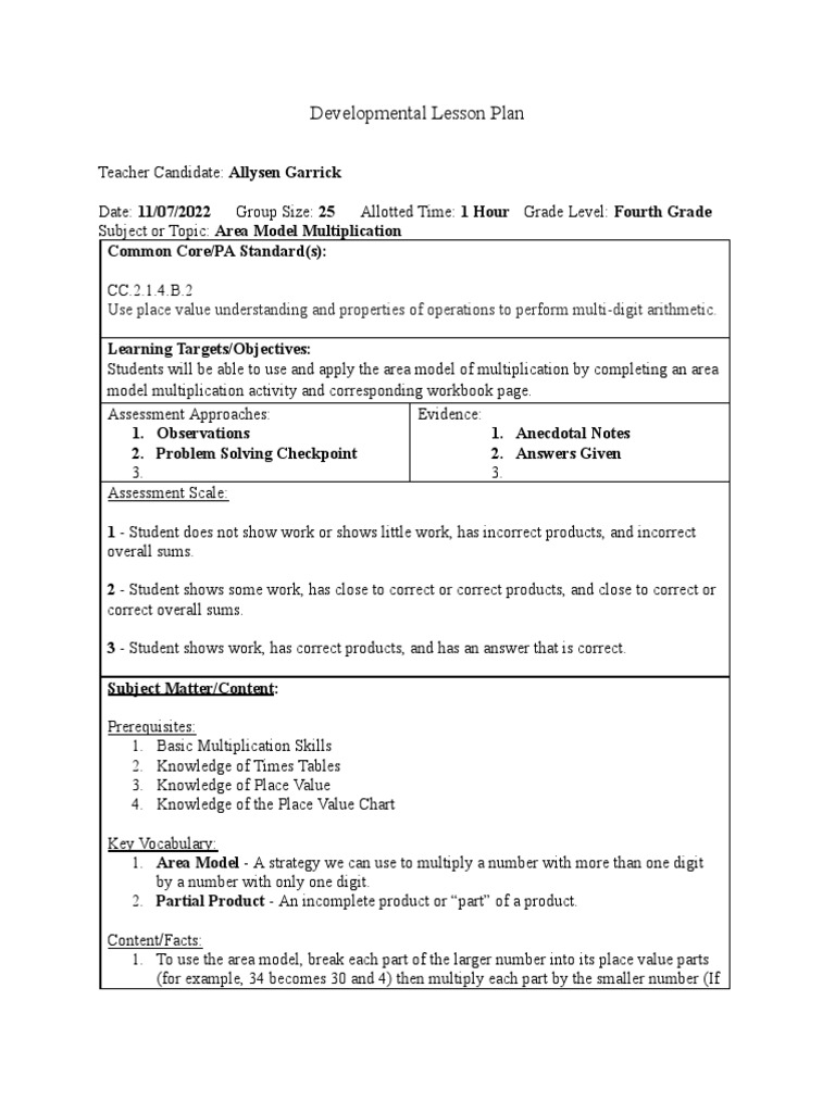 area model math lesson plan fourth grade | PDF