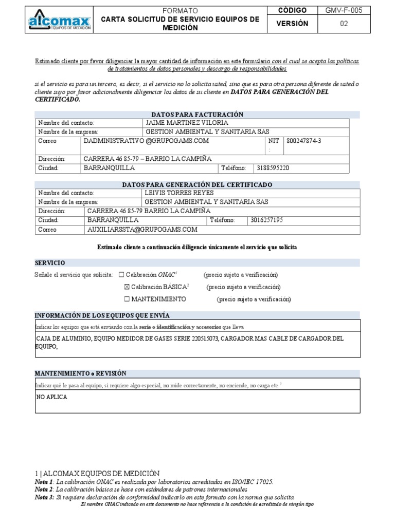 GMV-F-005 - Carta Solicitud Del Servicio Equipos de Medición - V02 | PDF | Calibración | Informática