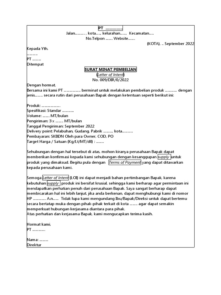 Contoh LOI Perusahaan BVS | PDF