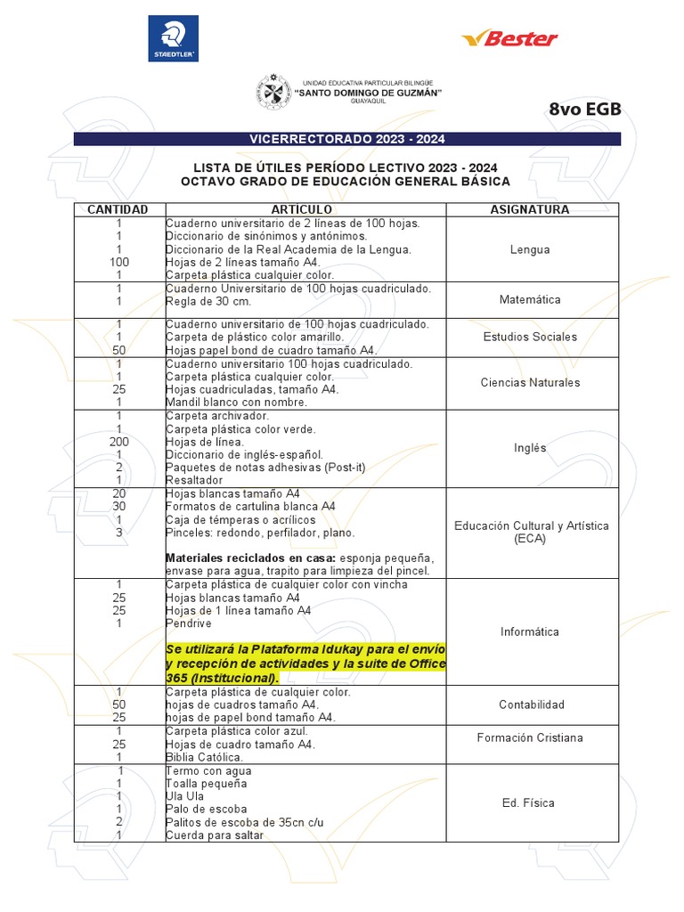 09 Lista 8vo EGB PDF | PDF | Papelería