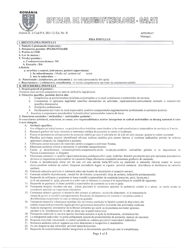 Fisa Post Ingrijitoare PDF | PDF