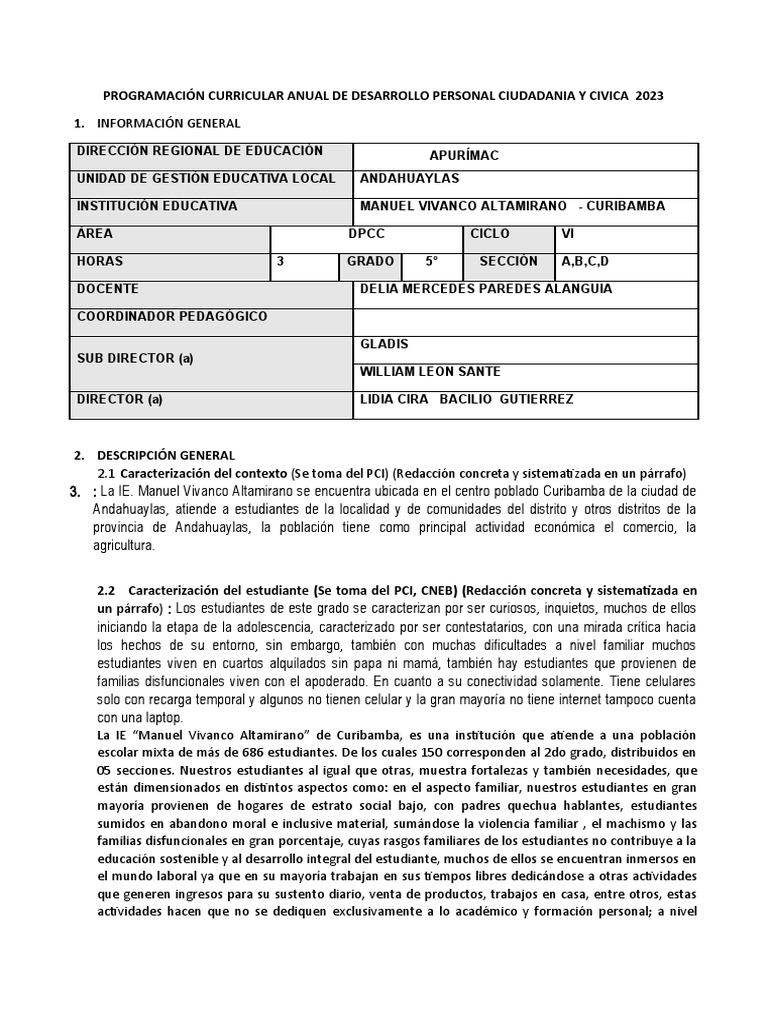 Programación Curricular Anual de DPCC 5° 2023 | PDF