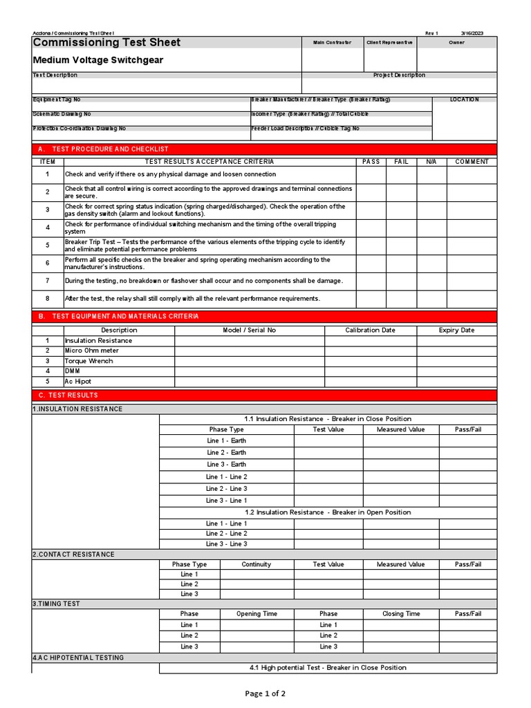 Commissioning Test Sheet: Medium Voltage Switchgear | PDF | Insulator ...