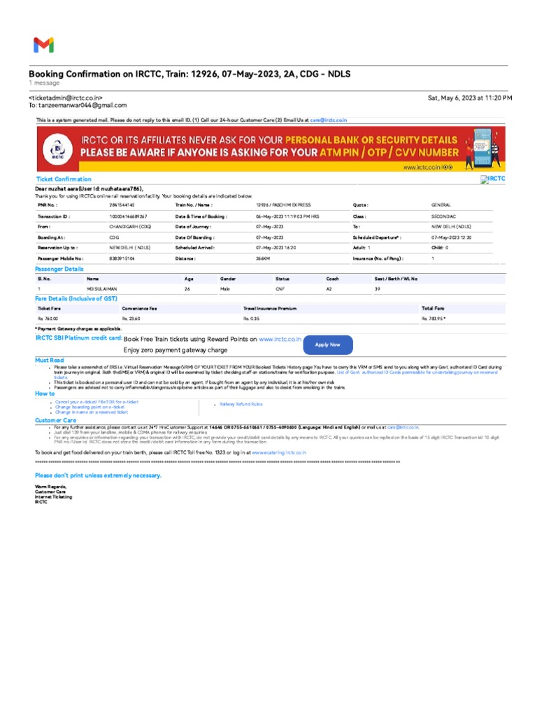 Gmail - Booking Confirmation On IRCTC, Train - 12926, 07-May-2023, 2A, CDG - NDLS | PDF
