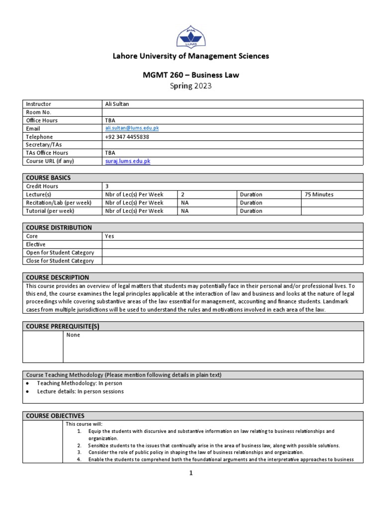 Business Law Course Outline Spring 2023 | PDF