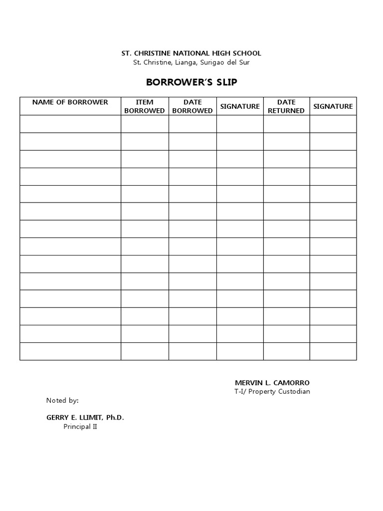 Borrower's Slip Template for St. Christine National High School Library ...