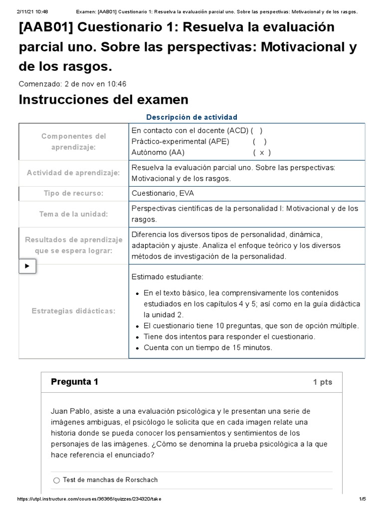 Examen - (AAB01) Cuestionario 1 - Resuelva La Evaluación Parcial Uno ...