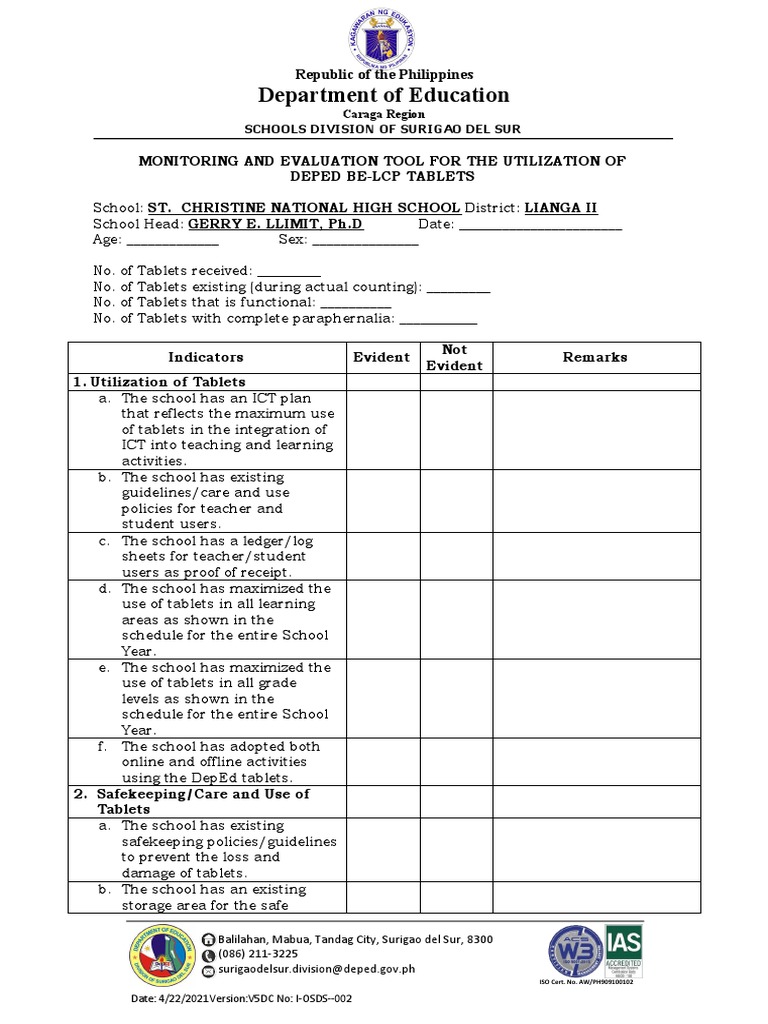 Monitoring Tool For The Use Of Deped Tablets Pdf