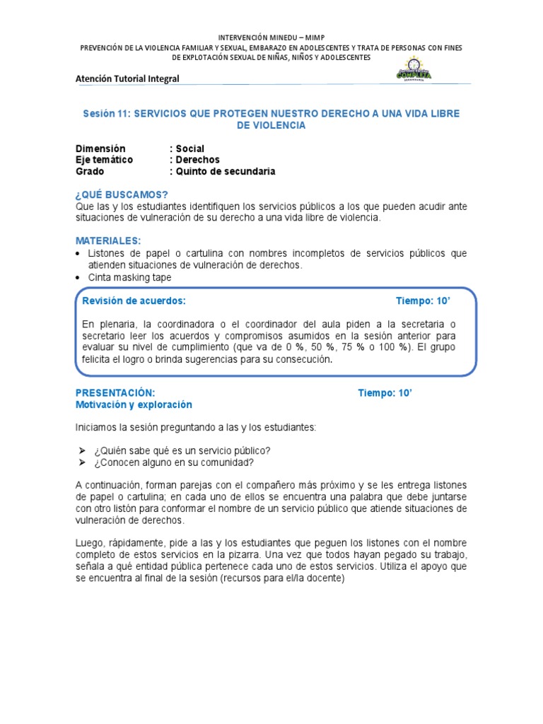 Sesión 11 SERVICIOS QUE PROTEGEN NUESTRO DERECHO A UNA VIDA LIBRE DE ...