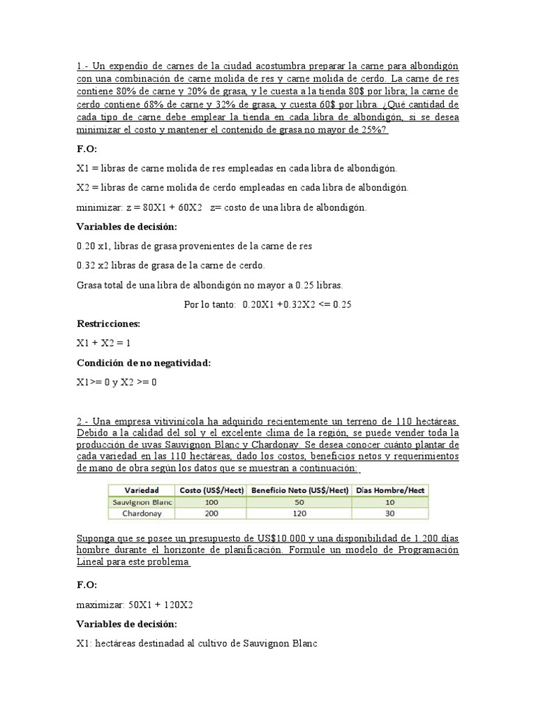 Planteamientos A Ejercicios de Programacion Lineal | PDF | Carne