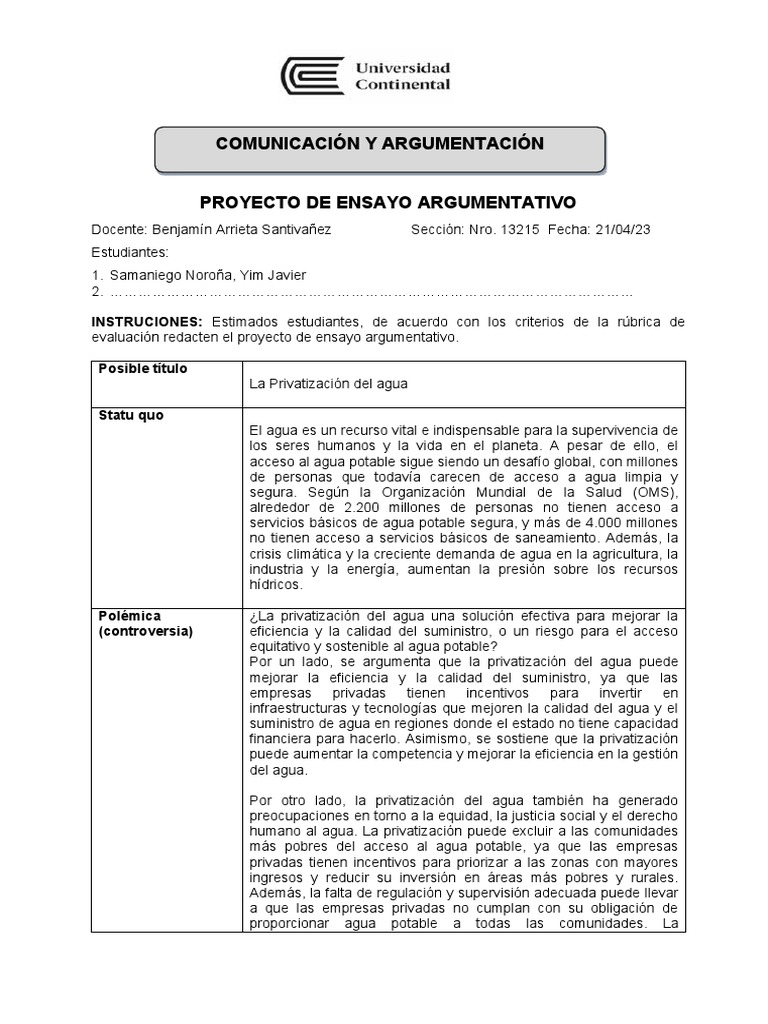 PROYECTO DE ENSAYO - Samaniego Noroña Yim | PDF