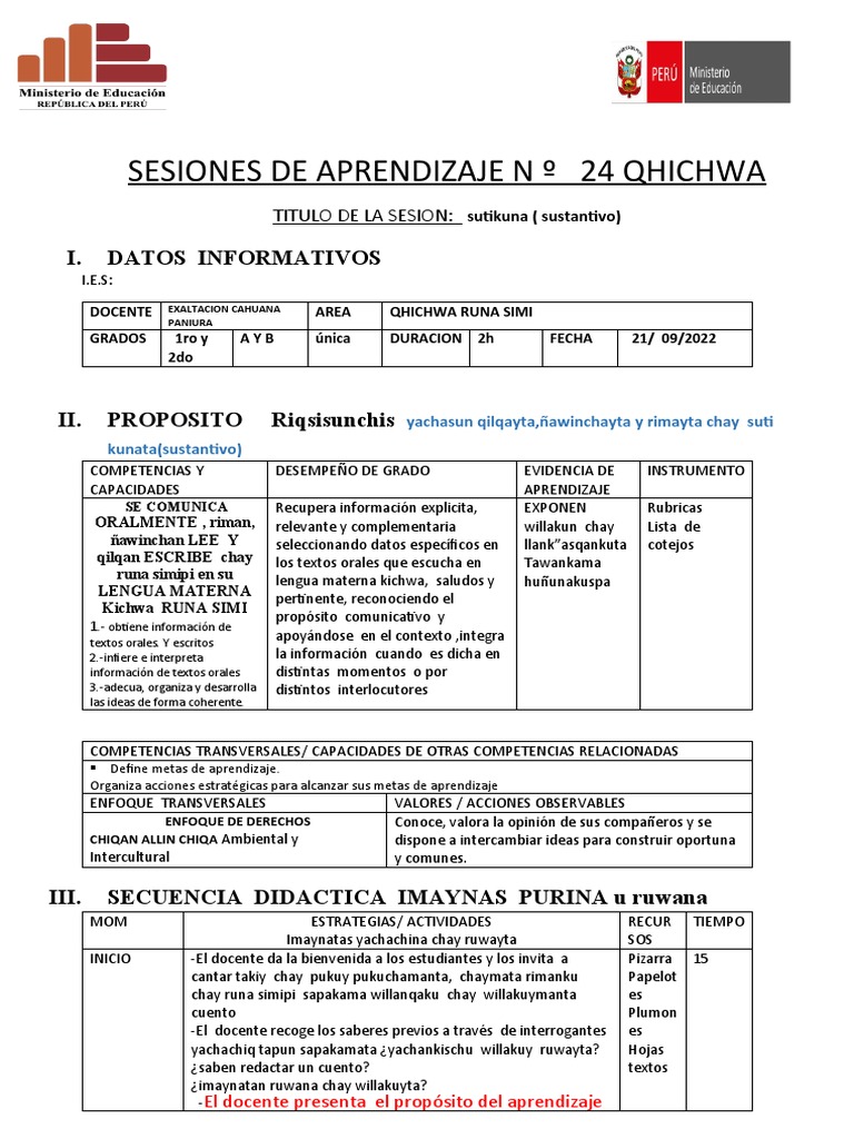 sesion 24 de quechua 1ro y 2do 2022.docx | PDF | Aprendizaje | Comunicación humana