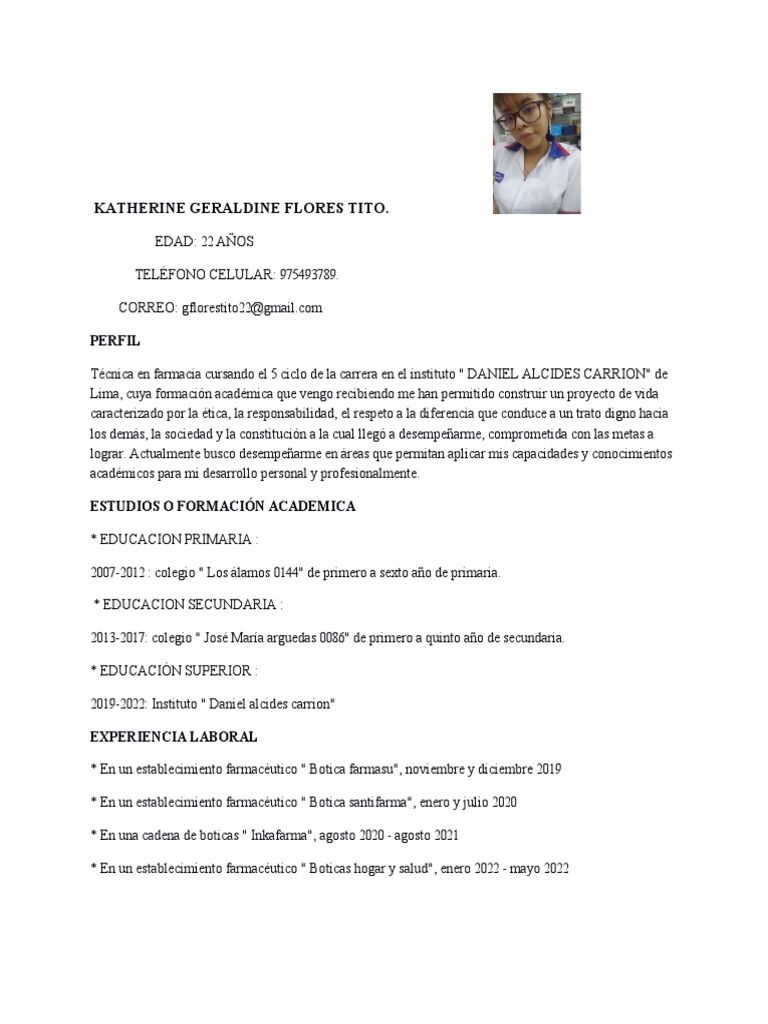 Perfil profesional de Katherine Geraldine Flores Tito, técnica en ...