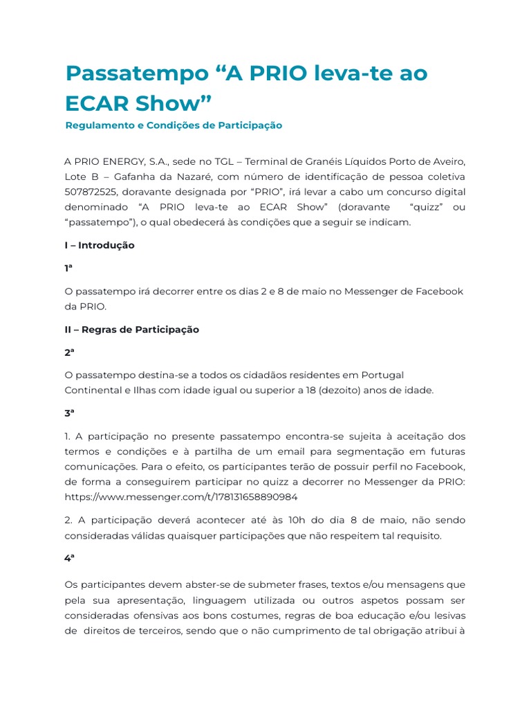SA365 PRIO Regulamento Passatempo Chatbot - ECAR Show 2023 PDF | PDF | Spamming | Propriedade ...