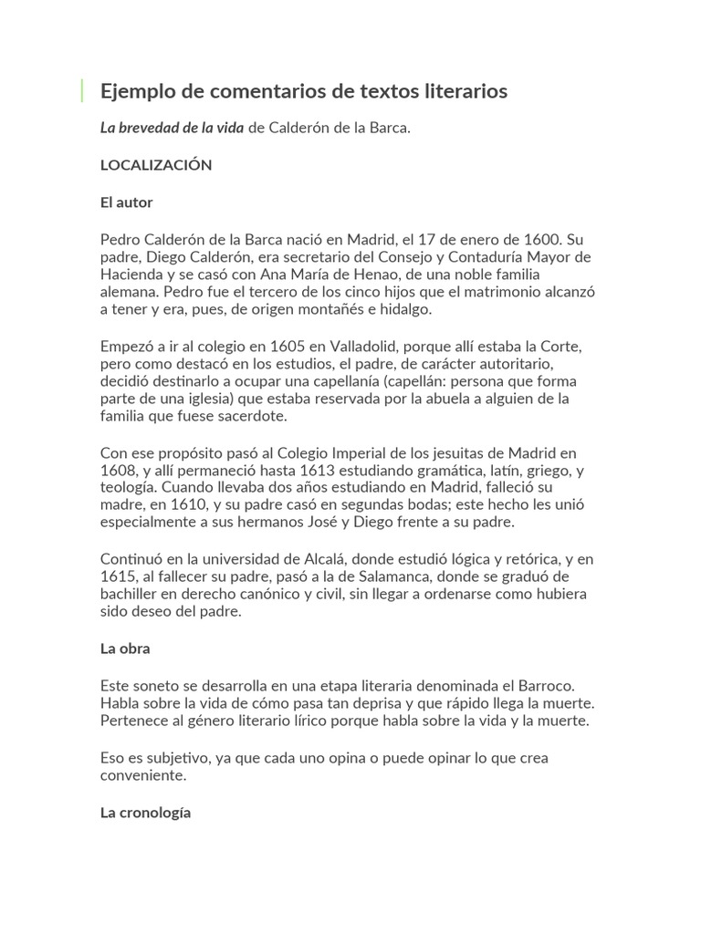 Ejemplo de Comentarios de Textos Literarios | PDF