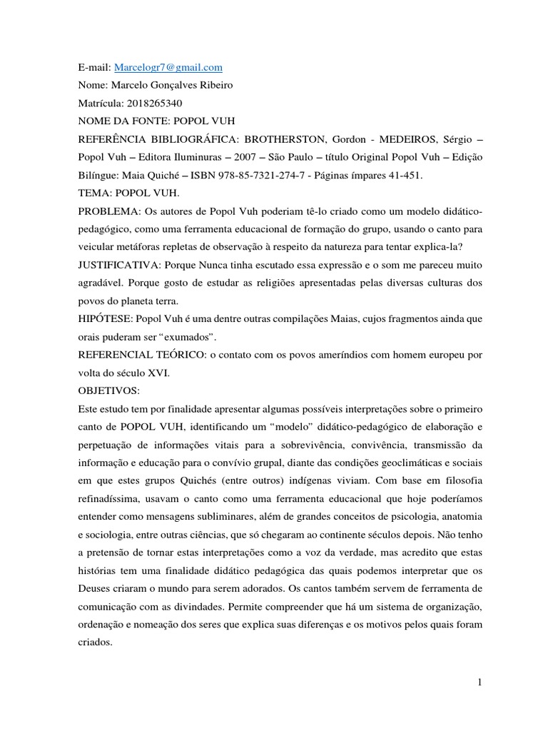 Popol Vuh - Trabalho - Compilação Final PDF | PDF Popol Vuh - Trabalho - Compilação Final PDF | PDF