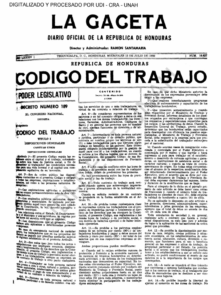 Codigo Del Trabajo Honduras La Gaceta PDF | PDF
