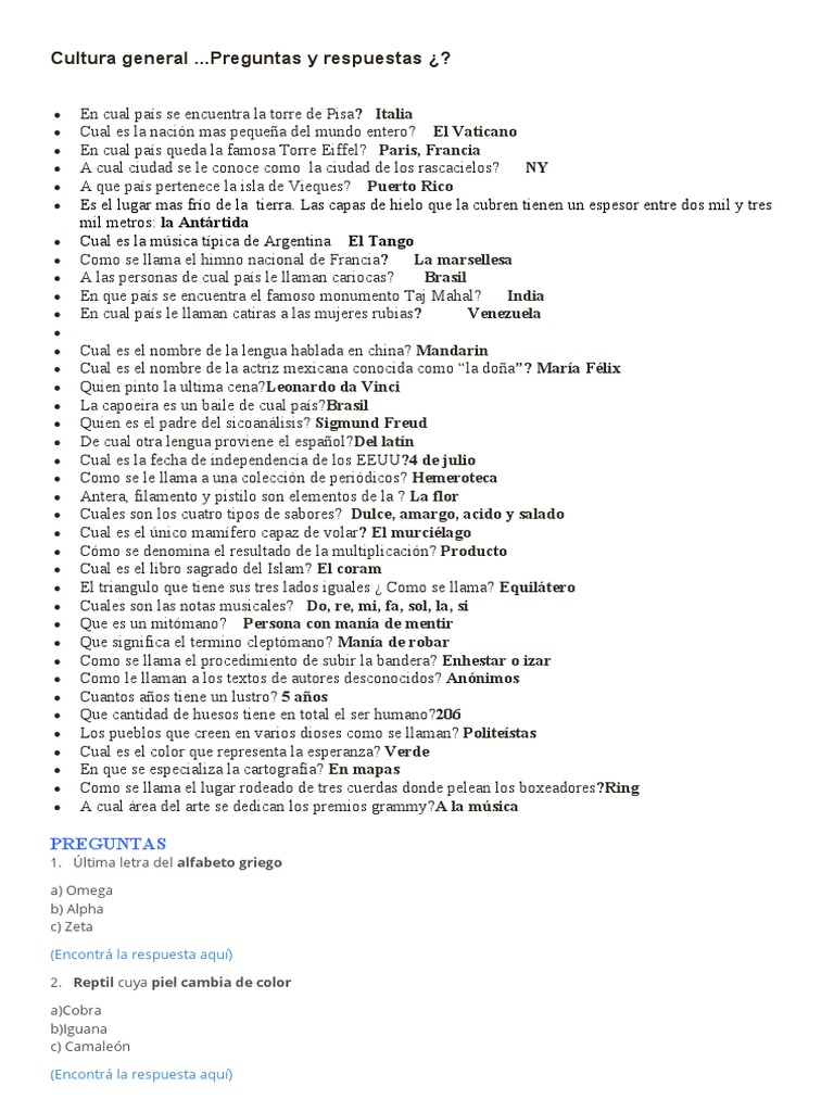 Preguntas y respuestas sobre cultura general | PDF
