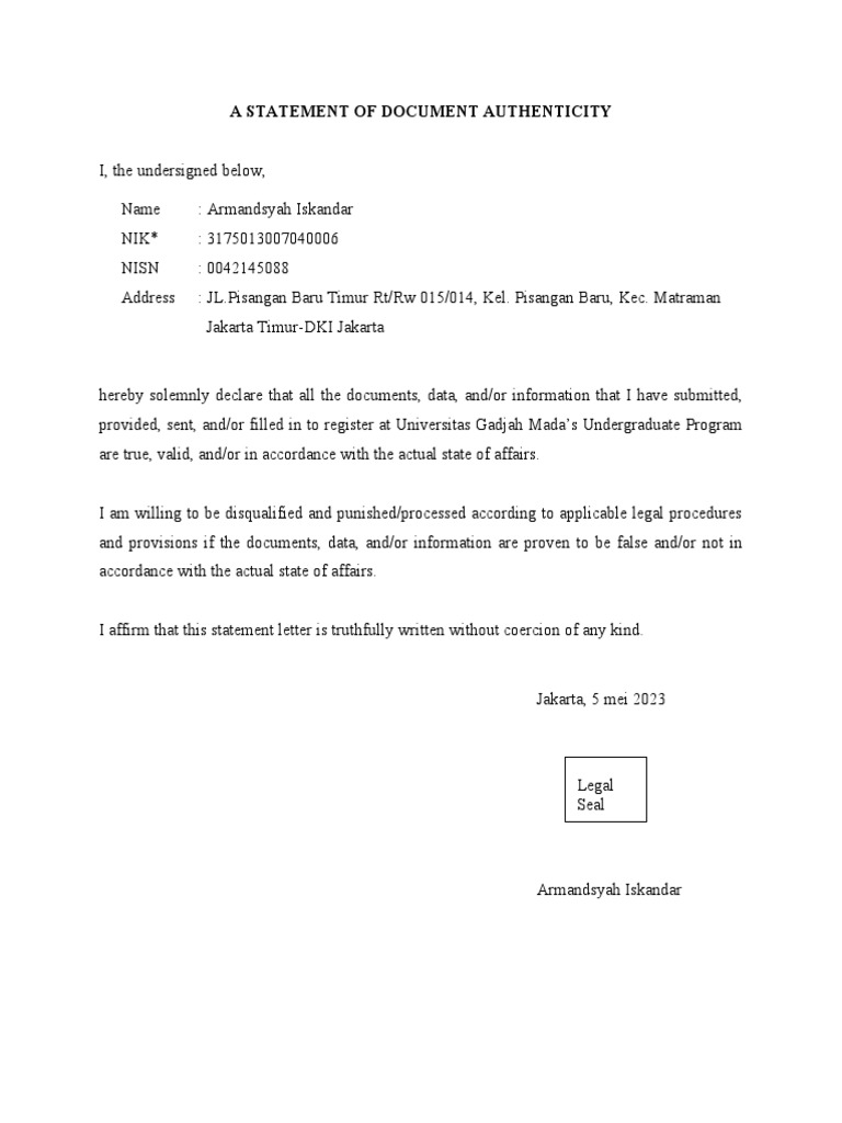 Statement of Document Authenticity IUP 2023 | PDF