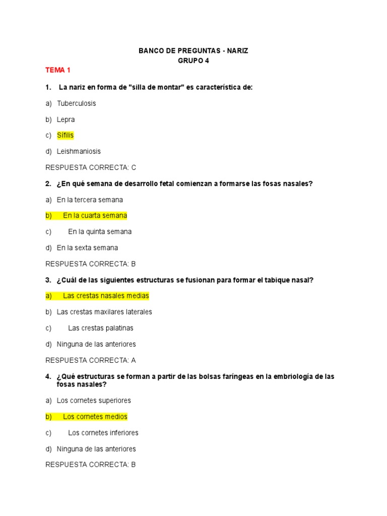 Banco De Preguntas Sobre Anatomía Y Fisiología De La Nariz Pdf