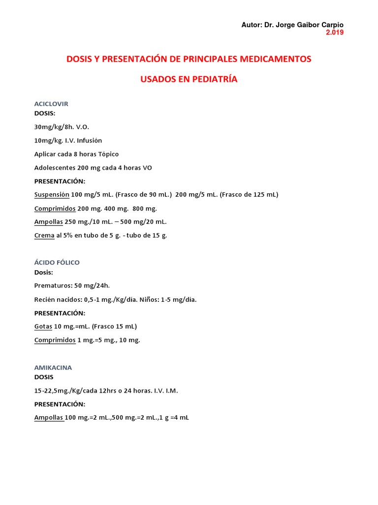 Dosis y Presentación de Medicamentos en Pediatría | PDF