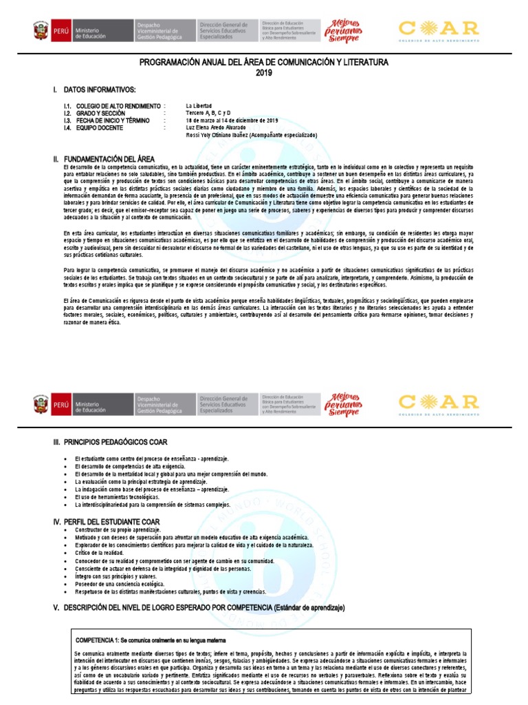 PROGRAMACIÓN ANUAL DEL ÁREA DE COMUNICACIÓN Y LITERATURA 3° Ok | PDF | Aprendizaje | Conocimiento
