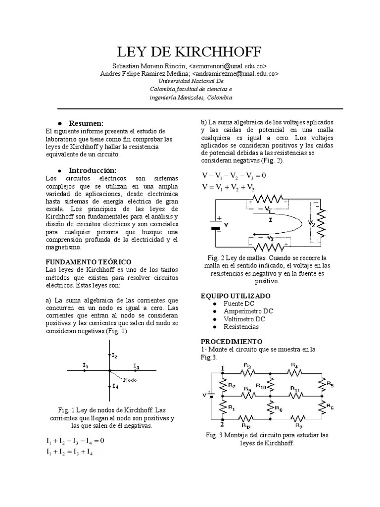 Comprobación experimental de las leyes de Kirchhoff y cálculo de la resistencia equivalente de ...