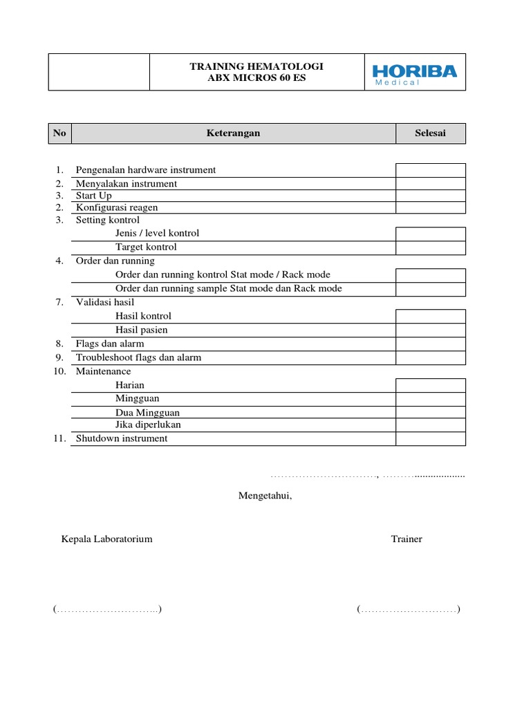 ABX Micros ES60 Training Checklist PDF | PDF