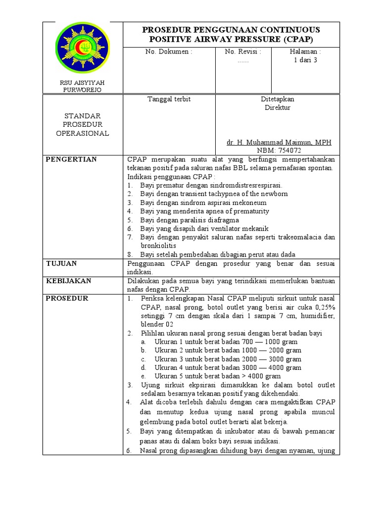 Spo Penggunaan Continuous Positive Airway Pressure (Cpap) | PDF