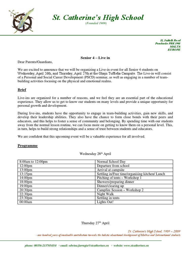 Live-In Memo Parents - Senior 4 1 PDF | PDF