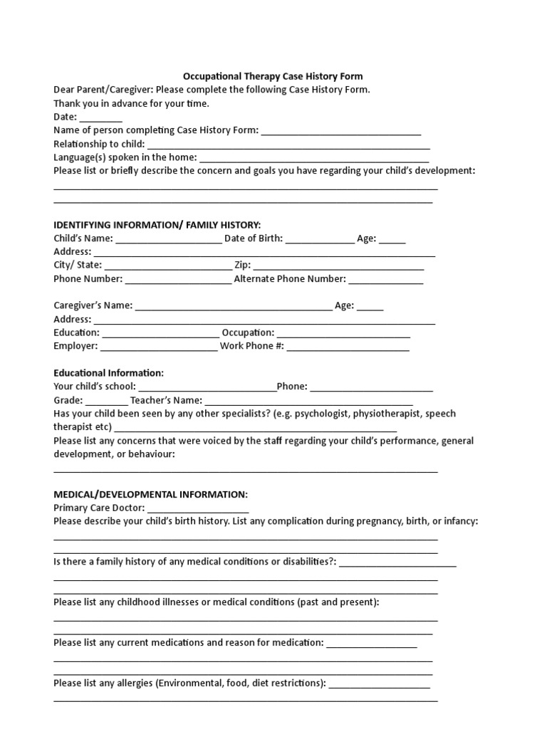 Occupational Therapy Case History Form | PDF
