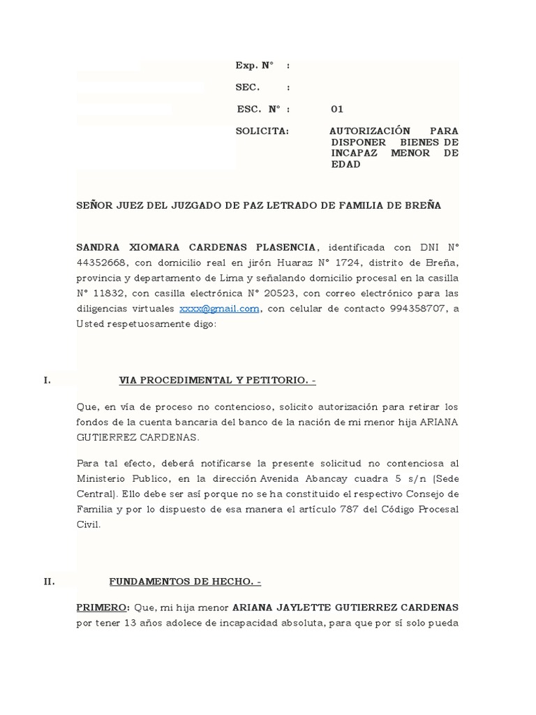 DEMANDA DE AUTORIZACIÓN PARA DISPONER BIENES DE INCAPAZ.docx | PDF